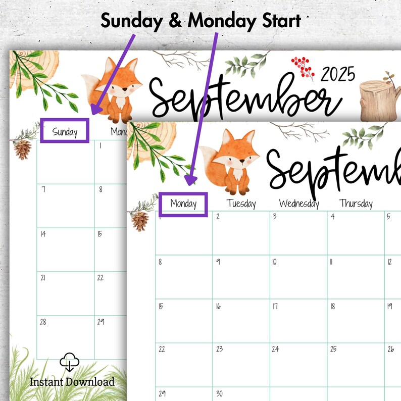 EDITABLE September 2025 Calendar, Back to School, Cute Fox, Beautiful ...