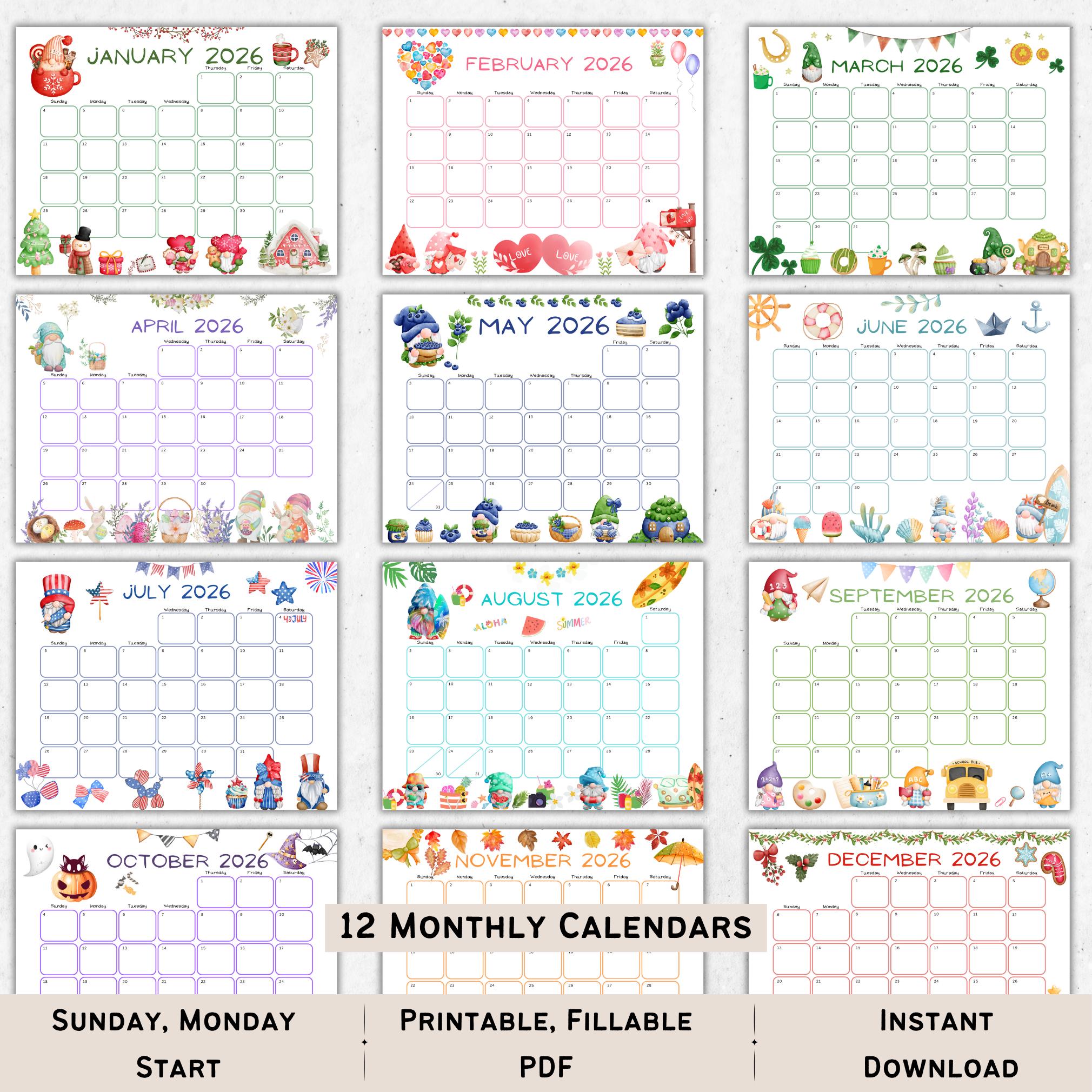 2026 Printable Fillable Gnome Calendar, 12-month Digital Planner ...