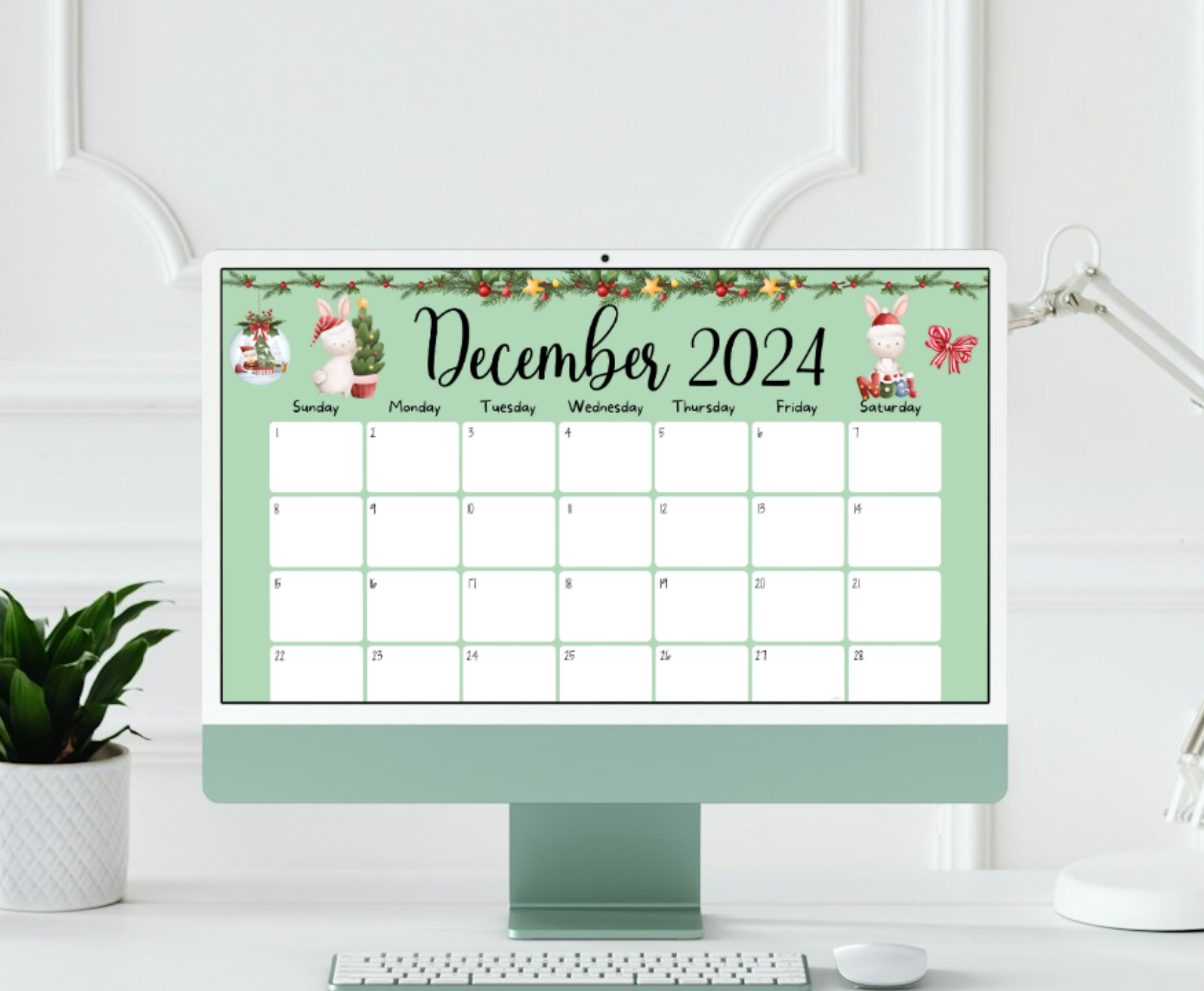 EDITABLE December 2024 Calendar, Beautiful Winter, Cute Rabbits ...