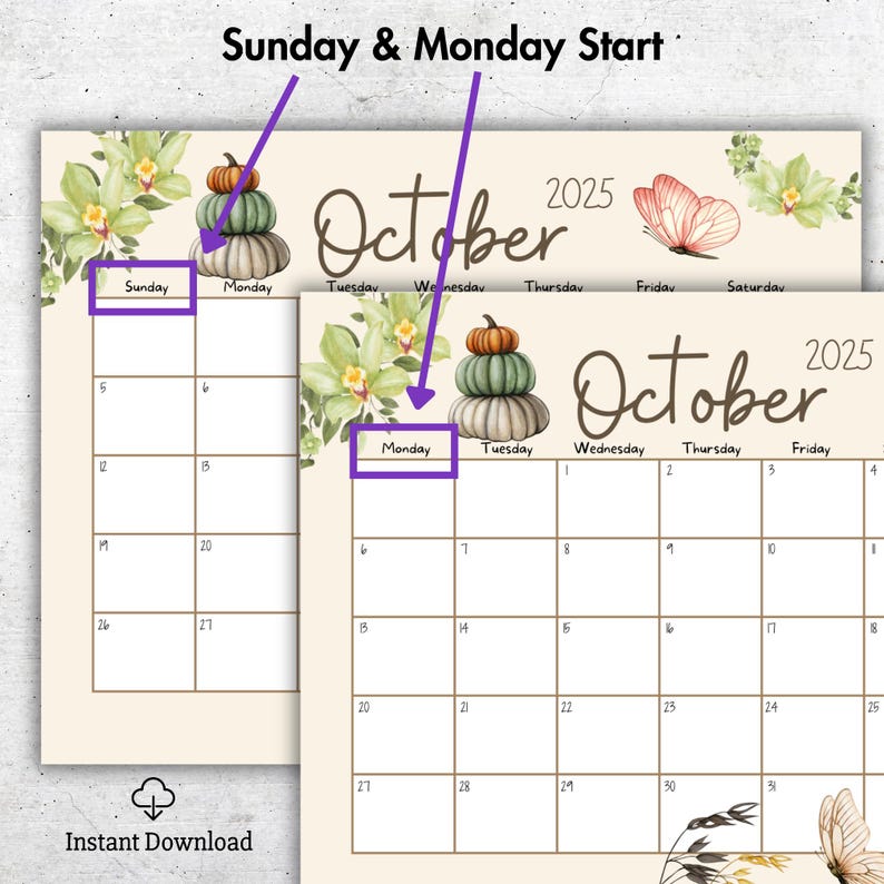 EDITABLE October 2025 Calendar, Beautiful Pumpkins, Colorful Flowers ...