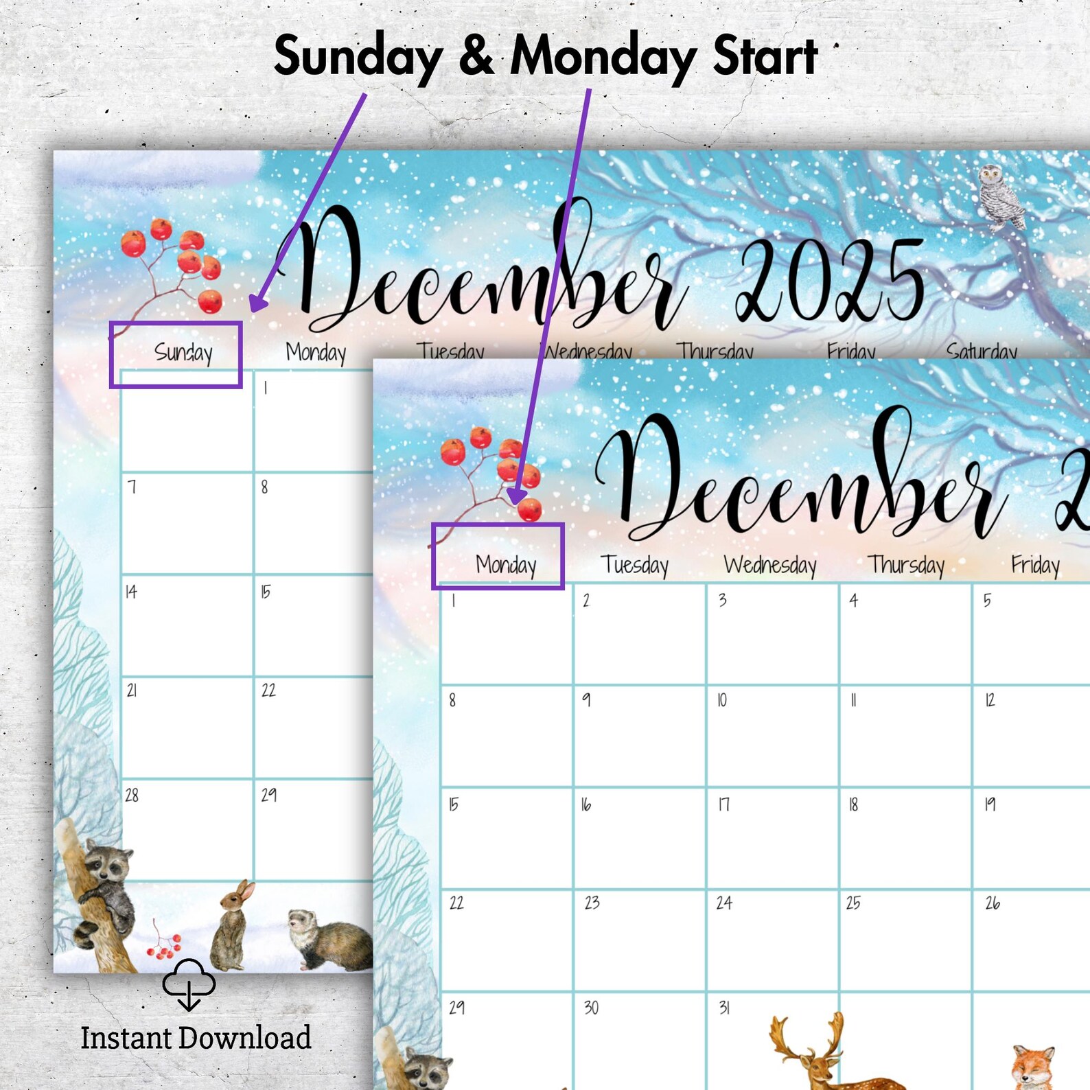 EDITABLE December 2025 Calendar, Cute Animals, Beautiful Winter ...