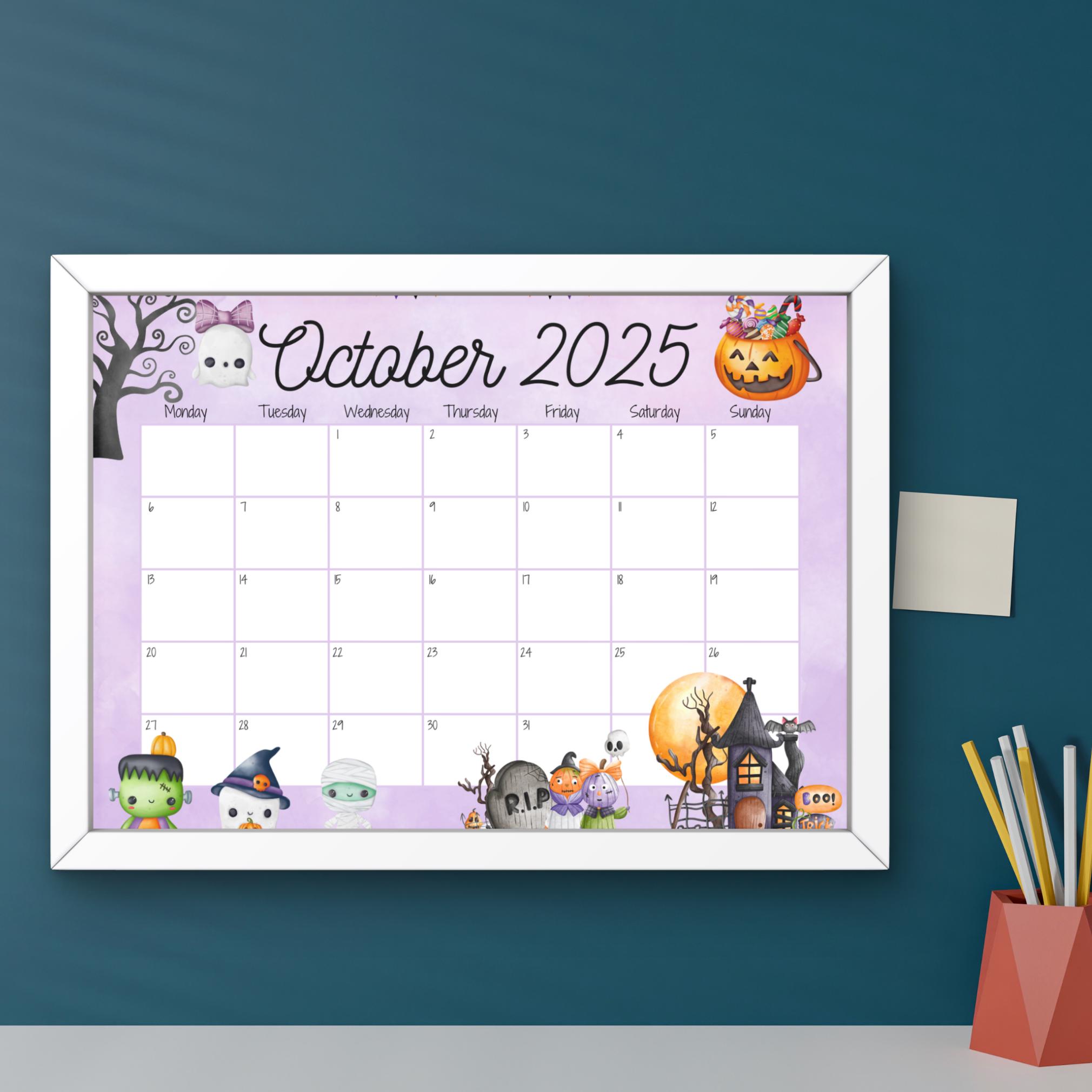 EDITABLE October 2025 Calendar, Happy Halloween, Pretty Ghost, Cute ...