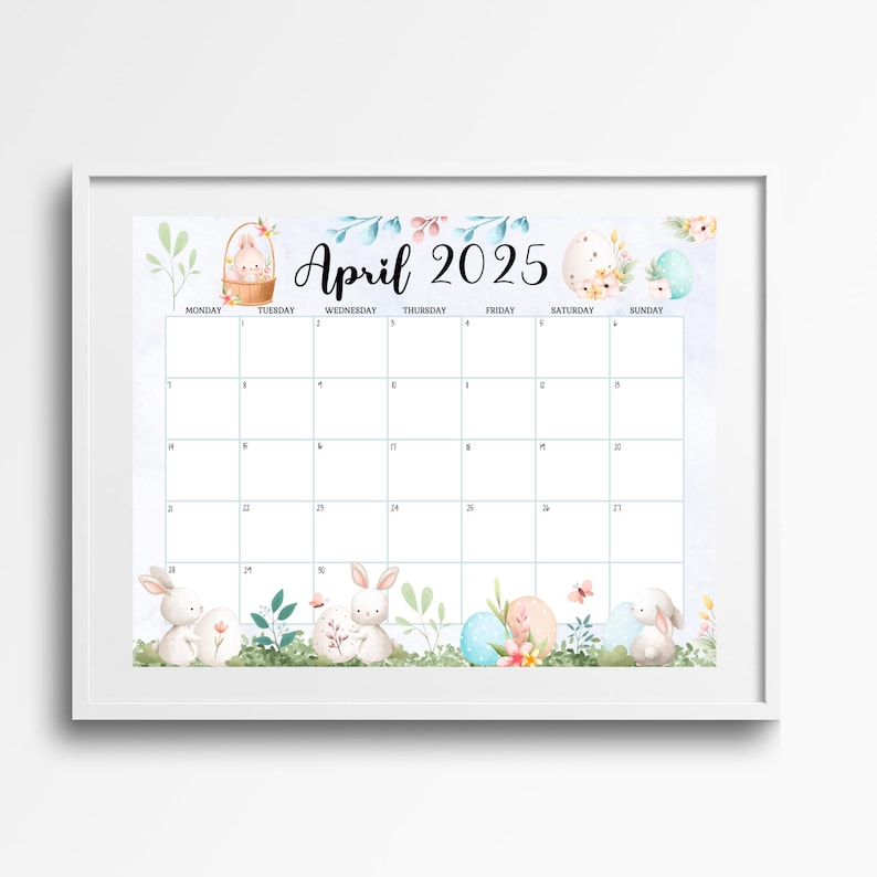 EDITABLE April 2025 Calendar, Happy Easter Day, Cute Bunnies, Printable ...