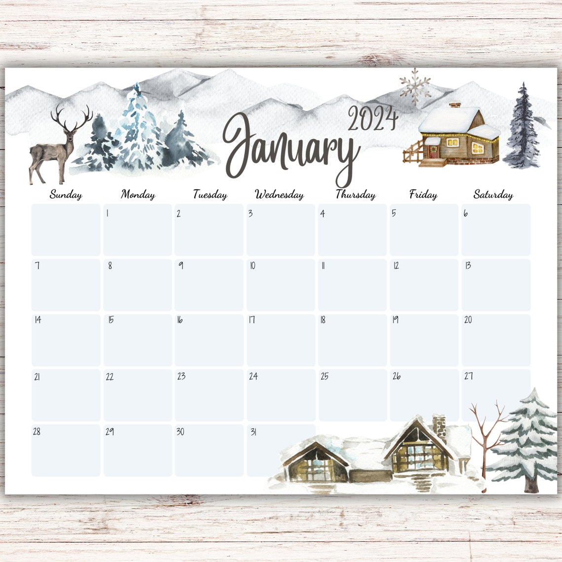 EDITABLE January 2024 Calendar, Beautiful Winter in a Countryside ...