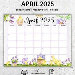 EDITABLE April 2025 Calendar, Happy Easter Day, Cute Ducks Chicken ...