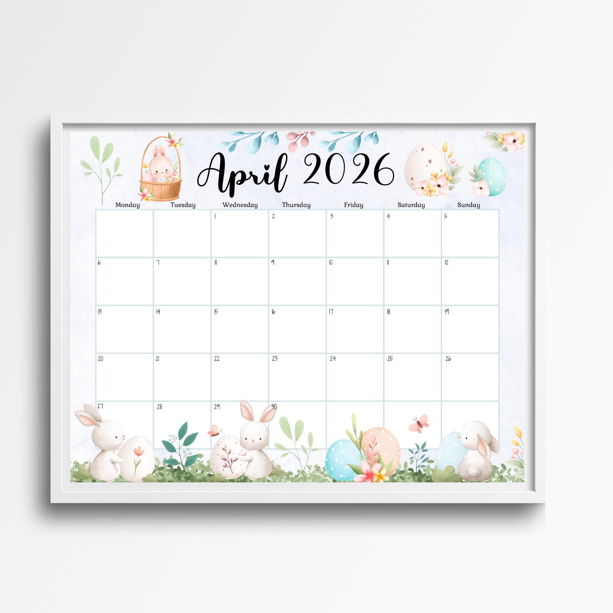 EDITABLE April 2026 Calendar, Happy Easter Day, Cute Bunnies, Printable ...