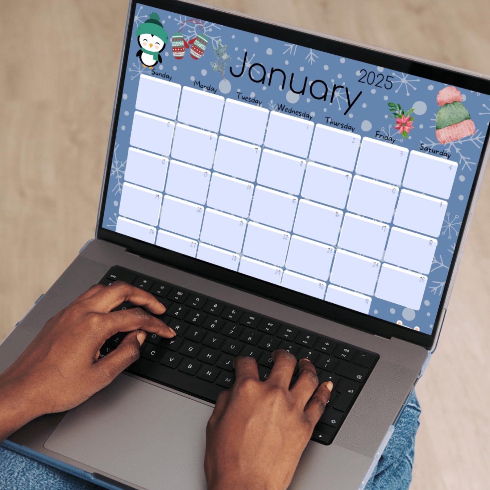 EDITABLE January 2025 Calendar, Beautiful Winter, Snowmen and Penguins ...