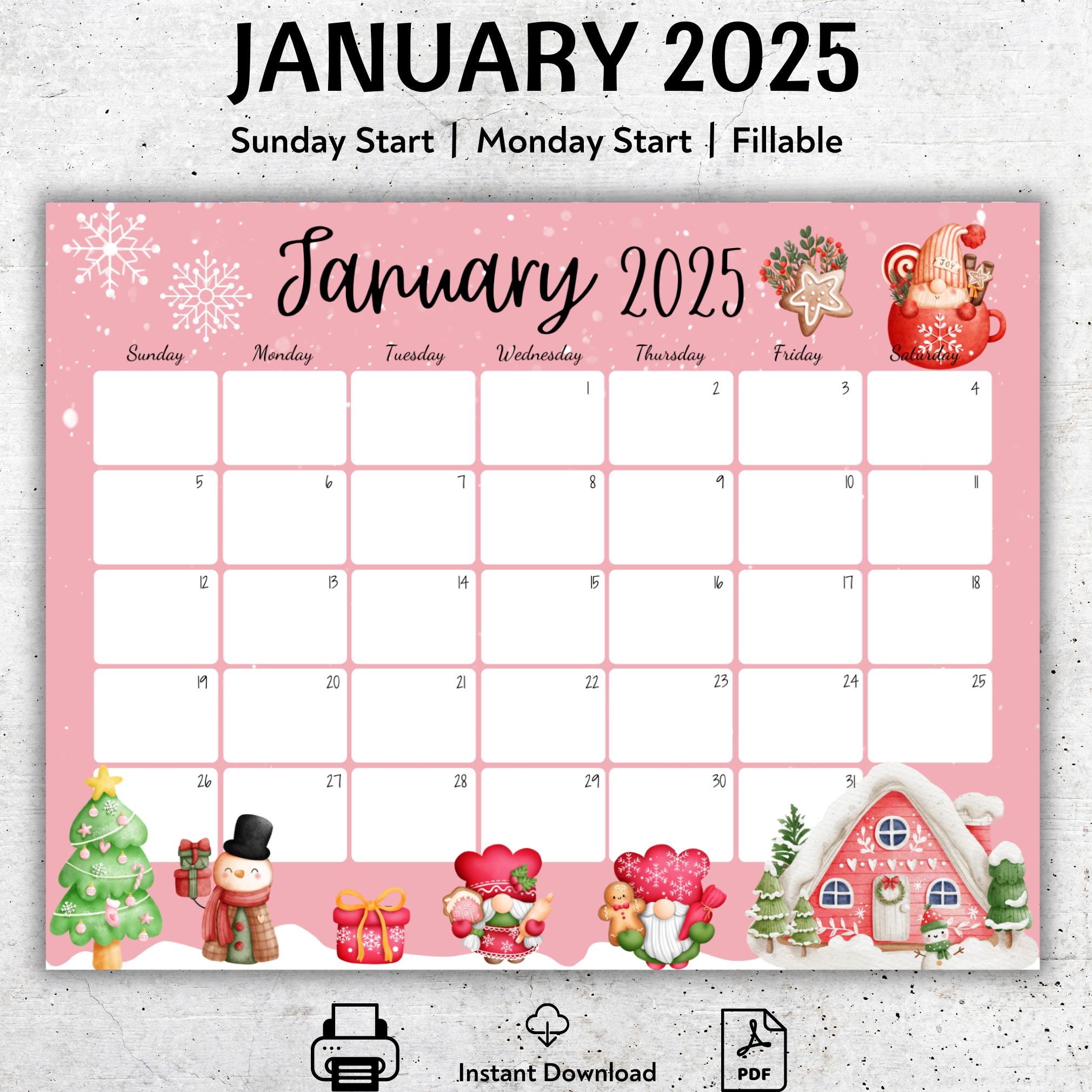 EDITABLE January 2025 Calendar, Cute Gnoms, Beautiful Winter, Happy New ...