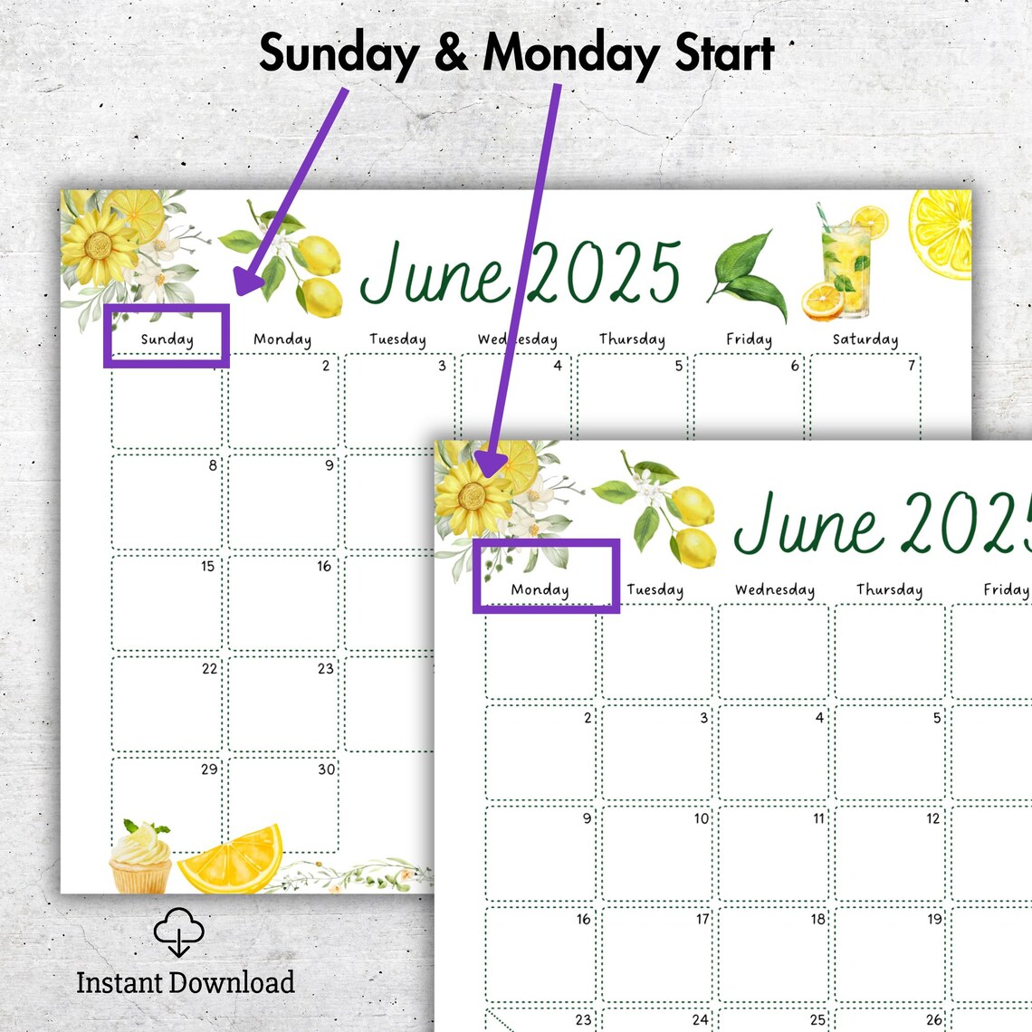 June 2025 Printable Calendar, Lemon Theme Design, Customizable Monthly ...