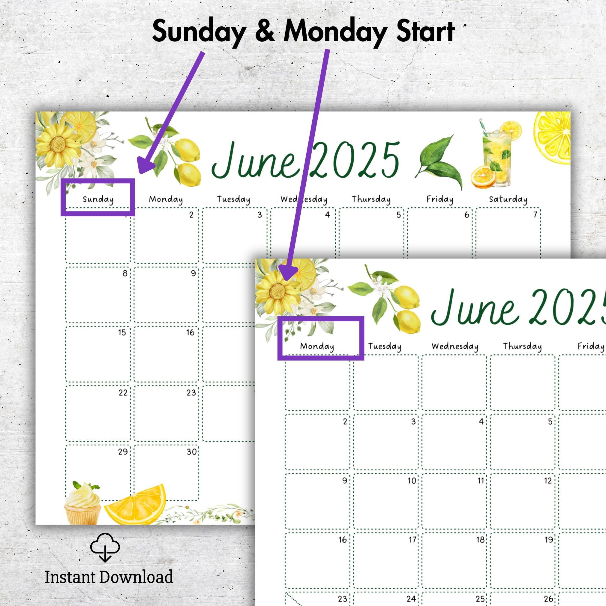 June 2025 Printable Calendar, Lemon Theme Design, Customizable Monthly ...