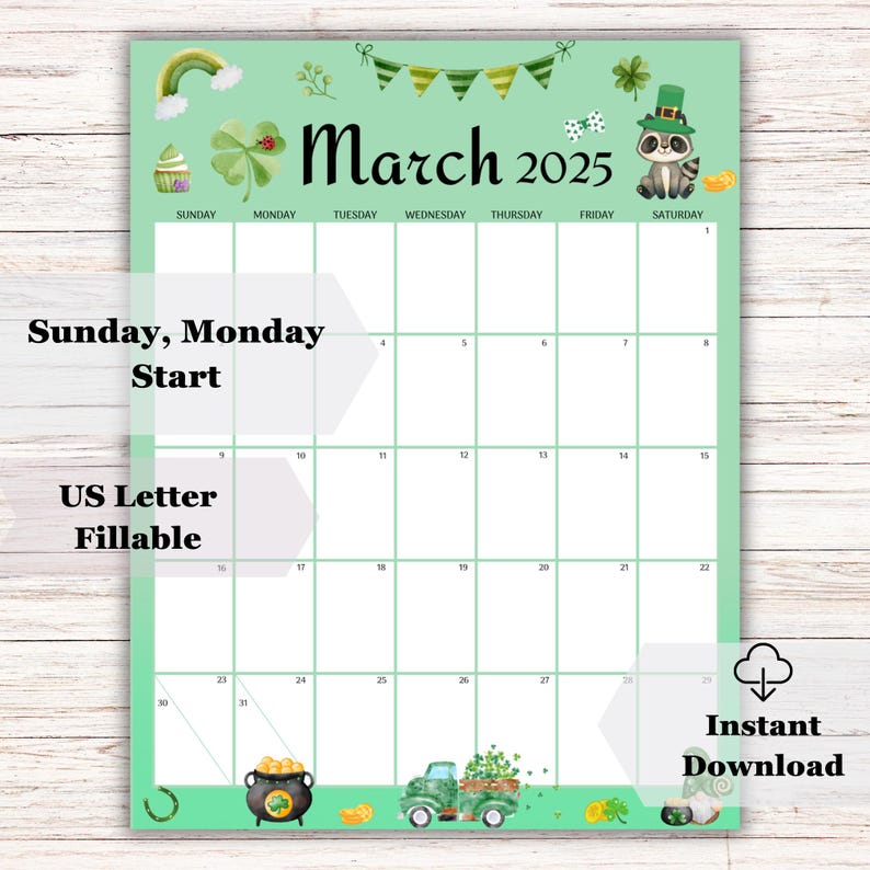 EDITABLE March 2025 Calendar, Printable March Planner, Happy St ...