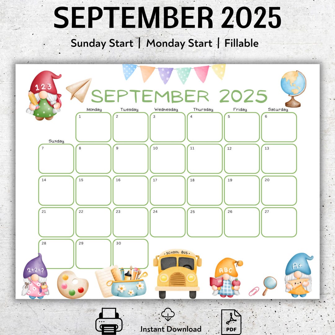 September 2025 Printable Calendar, Cute Gnome School Theme Planner ...