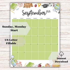 EDITABLE September 2025 Calendar, School Supplies Design Calendar, Back ...