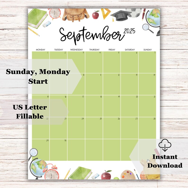 EDITABLE September 2025 Calendar, School Supplies Design Calendar, Back ...