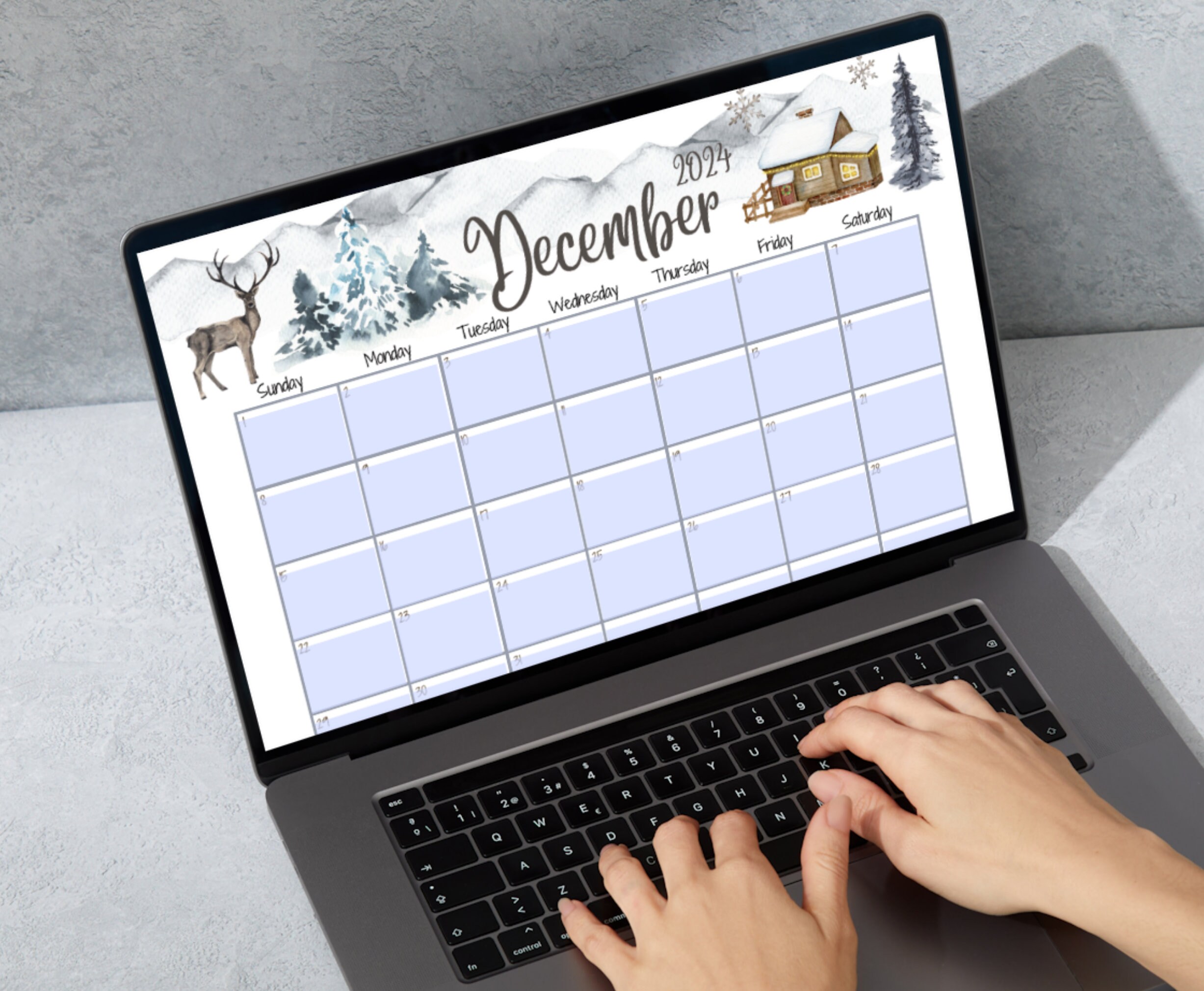 EDITABLE December 2024 Calendar, Snowy House on the Hill and Reindeer ...