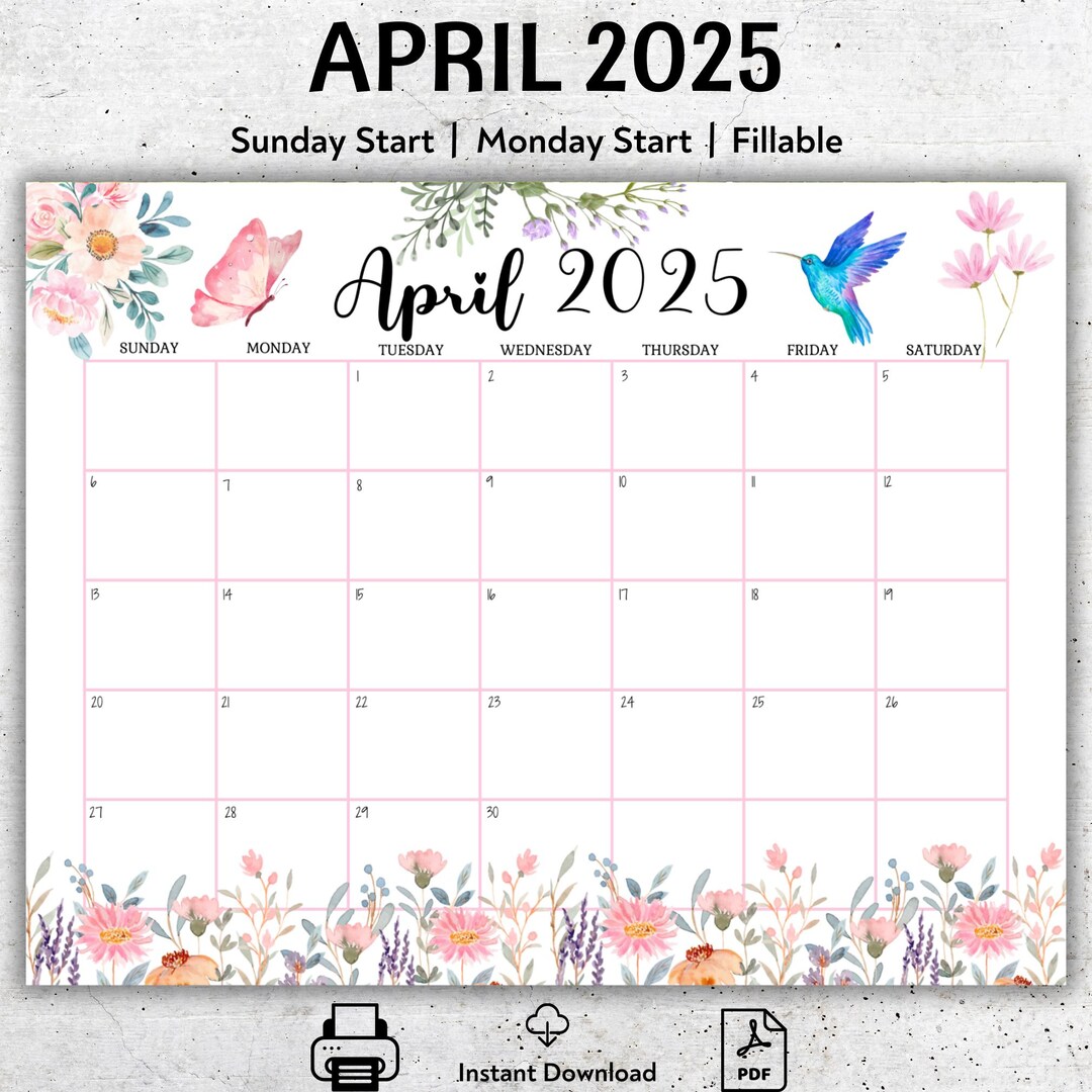 EDITABLE April 2025 Calendar, Printable April Planner, Fillable ...