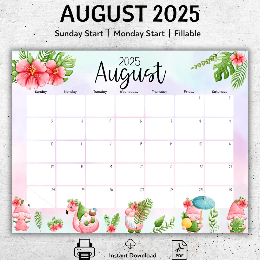 August 2025 Calendar Printable, Tropical Theme Planner, Editable PDF ...