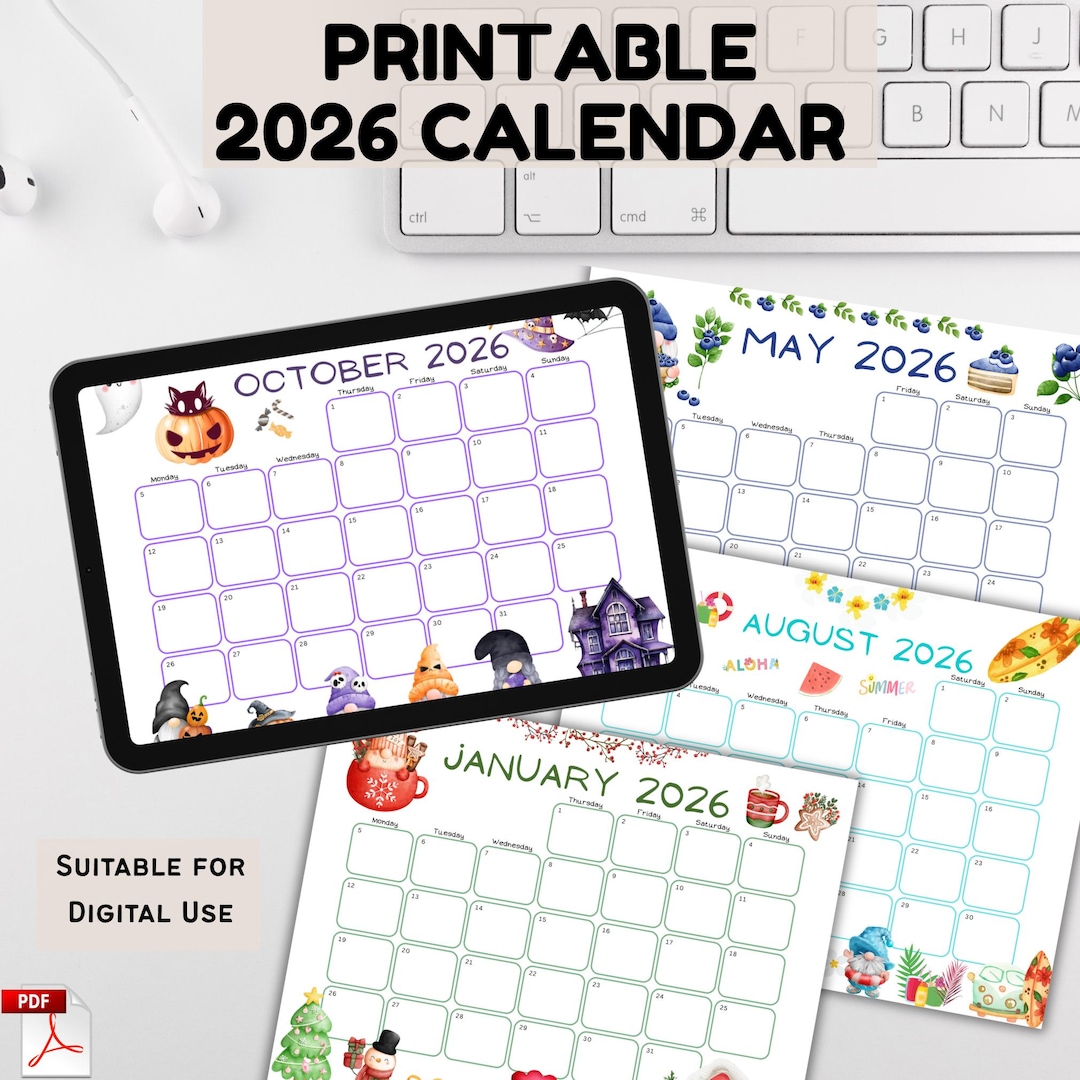 2026 Printable Fillable Gnome Calendar, 12-month Digital Planner ...