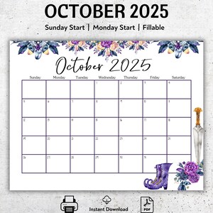 EDITABLE October 2025 Calendar, Halloween Planner, Colorful Flowers ...
