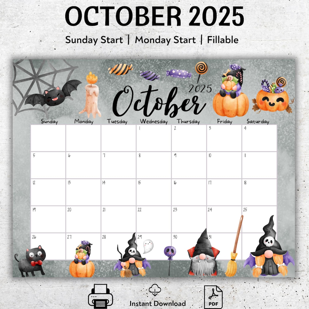 EDITABLE October 2025 Calendar, Happy Halloween, Cute Gnoms, Kid ...