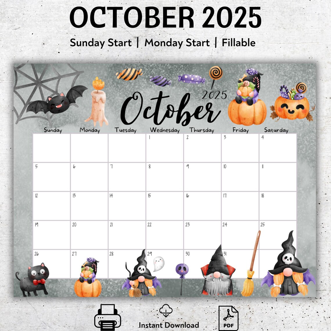 EDITABLE October 2025 Calendar, Happy Halloween, Cute Gnoms, Kid ...