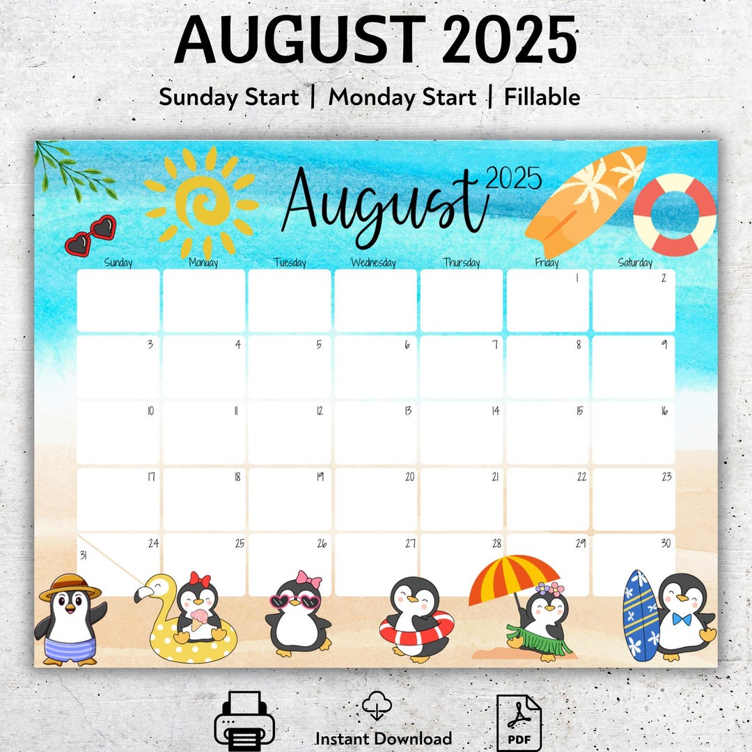 EDITABLE August 2025 Calendar, Beautiful Summer, Cute Penguins ...