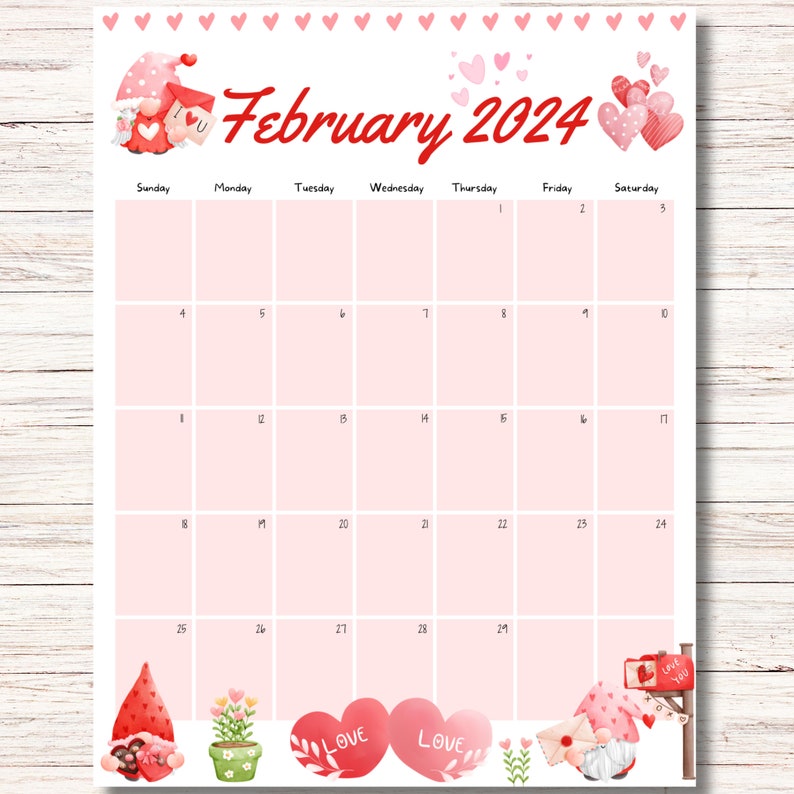 EDITABLE February 2024 Calendar Valentines Day Cute Gnoms - Etsy Australia