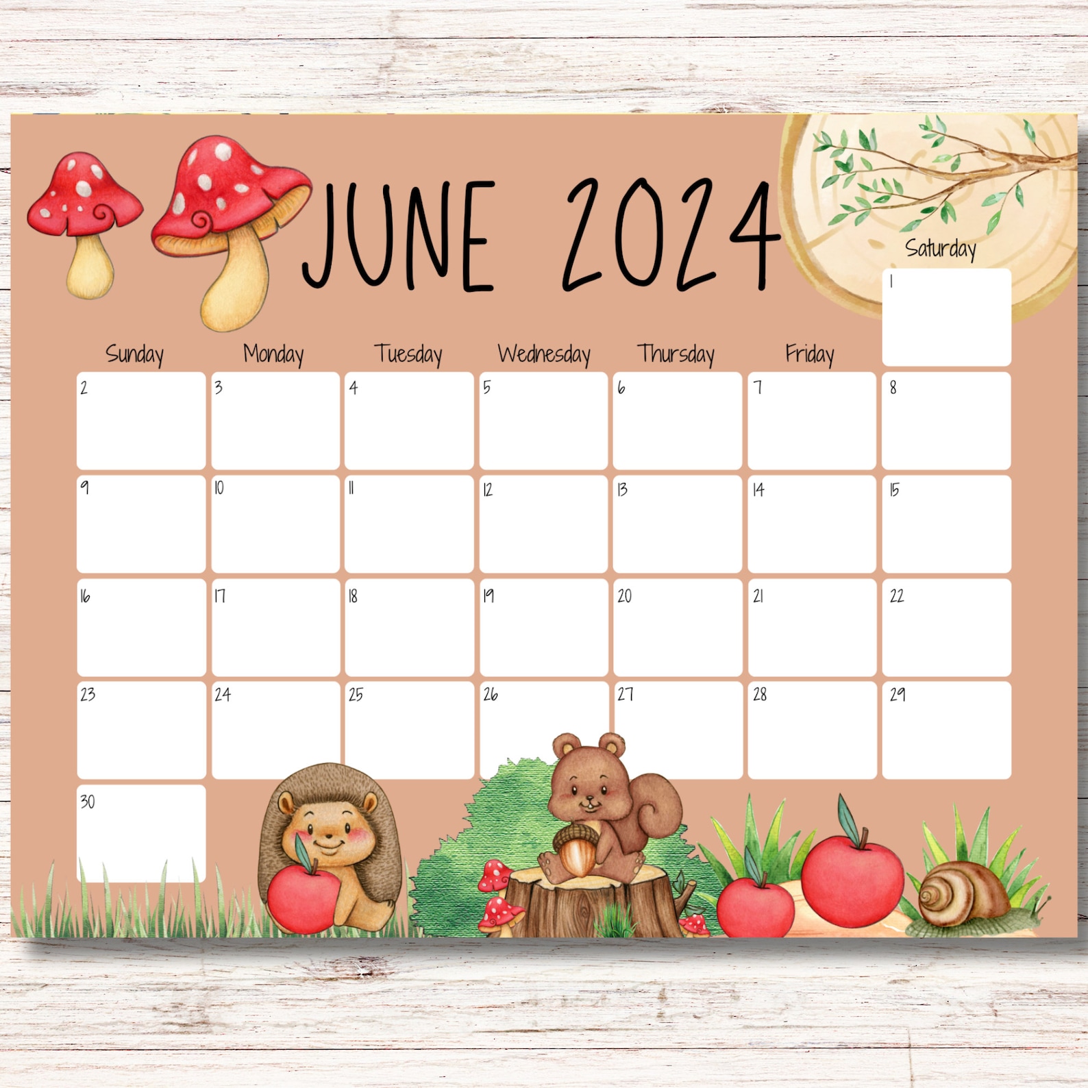 EDITABLE June 2024 Calendar, Cute Hedgehog, Snail and Squirrel ...