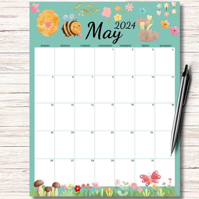 Editable May 2024 Calendar, May Monthly Schedule, Cute Bee, 2024 May ...