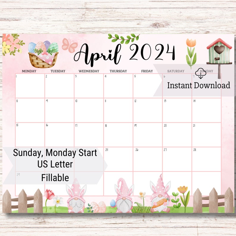 EDITABLE April 2024 Calendar, Happy Easter Day With Cute Gnomes ...