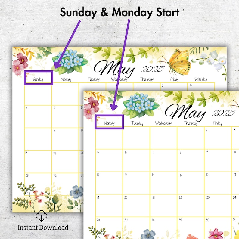 EDITABLE May 2025 Calendar, Colorful Flowers, Butterfly, Mushrooms ...