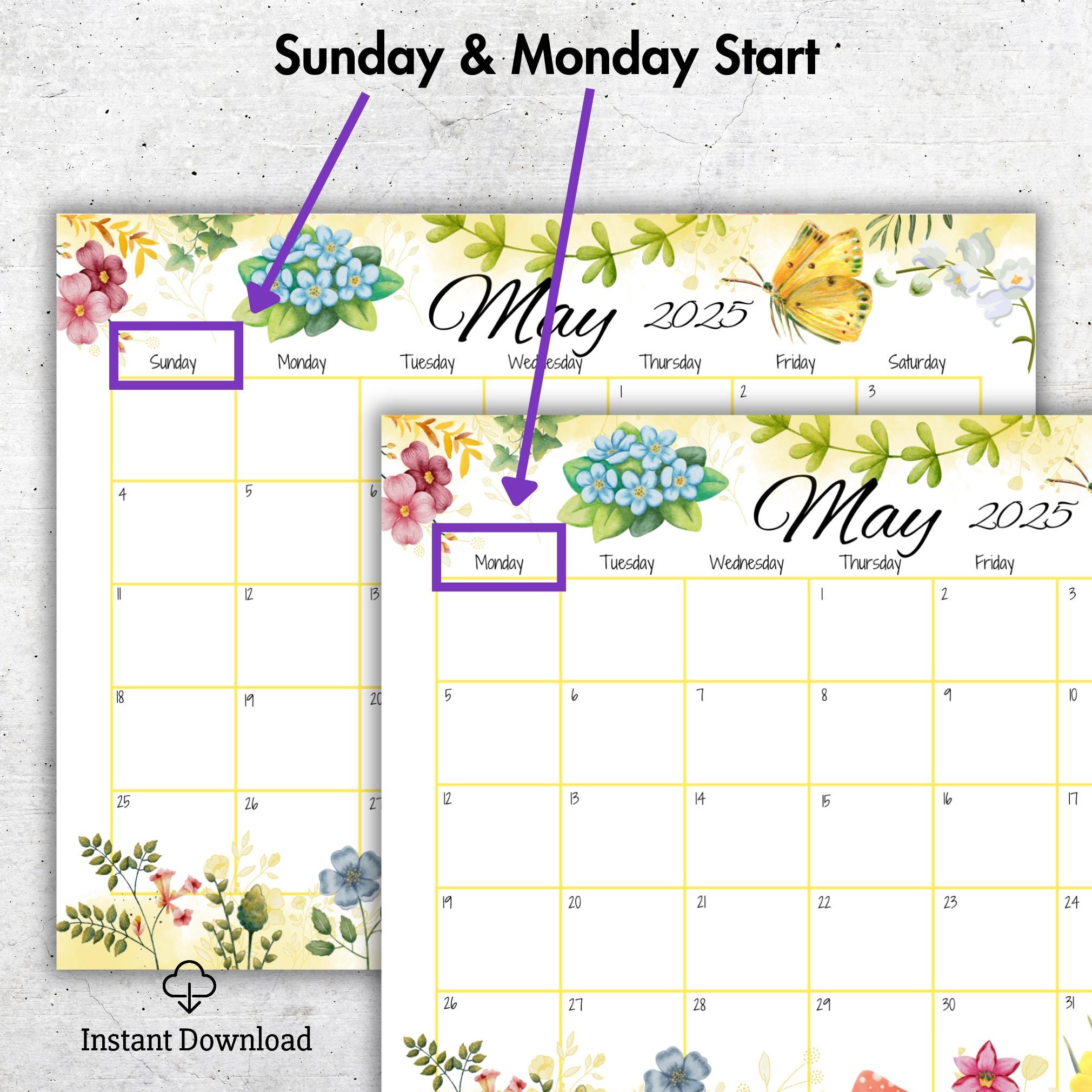 EDITABLE May 2025 Calendar, Colorful Flowers, Butterfly, Mushrooms ...