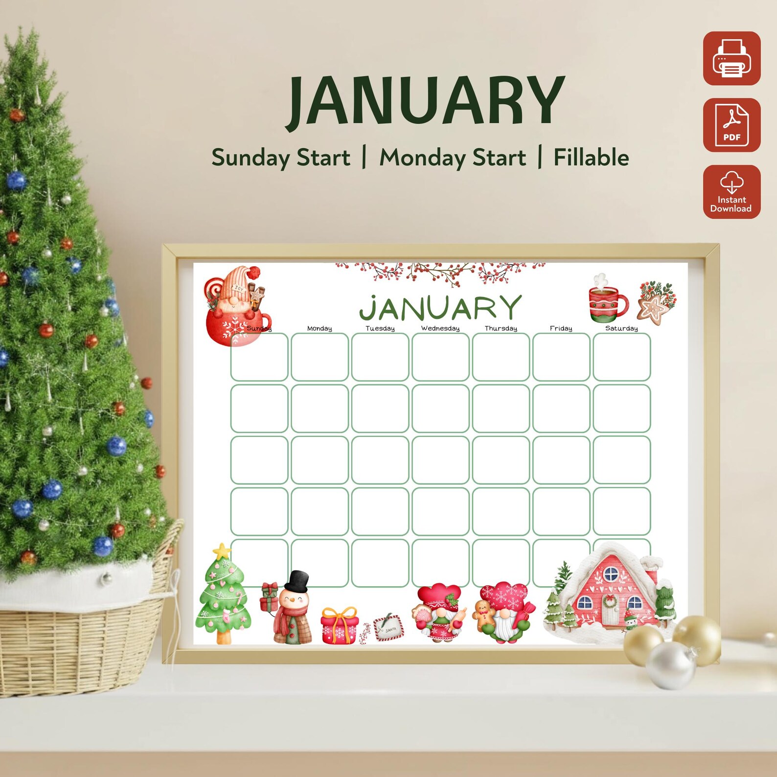 EDITABLE January Calendar, Cute Gnoms, Undated Blank Monthly Calendar ...