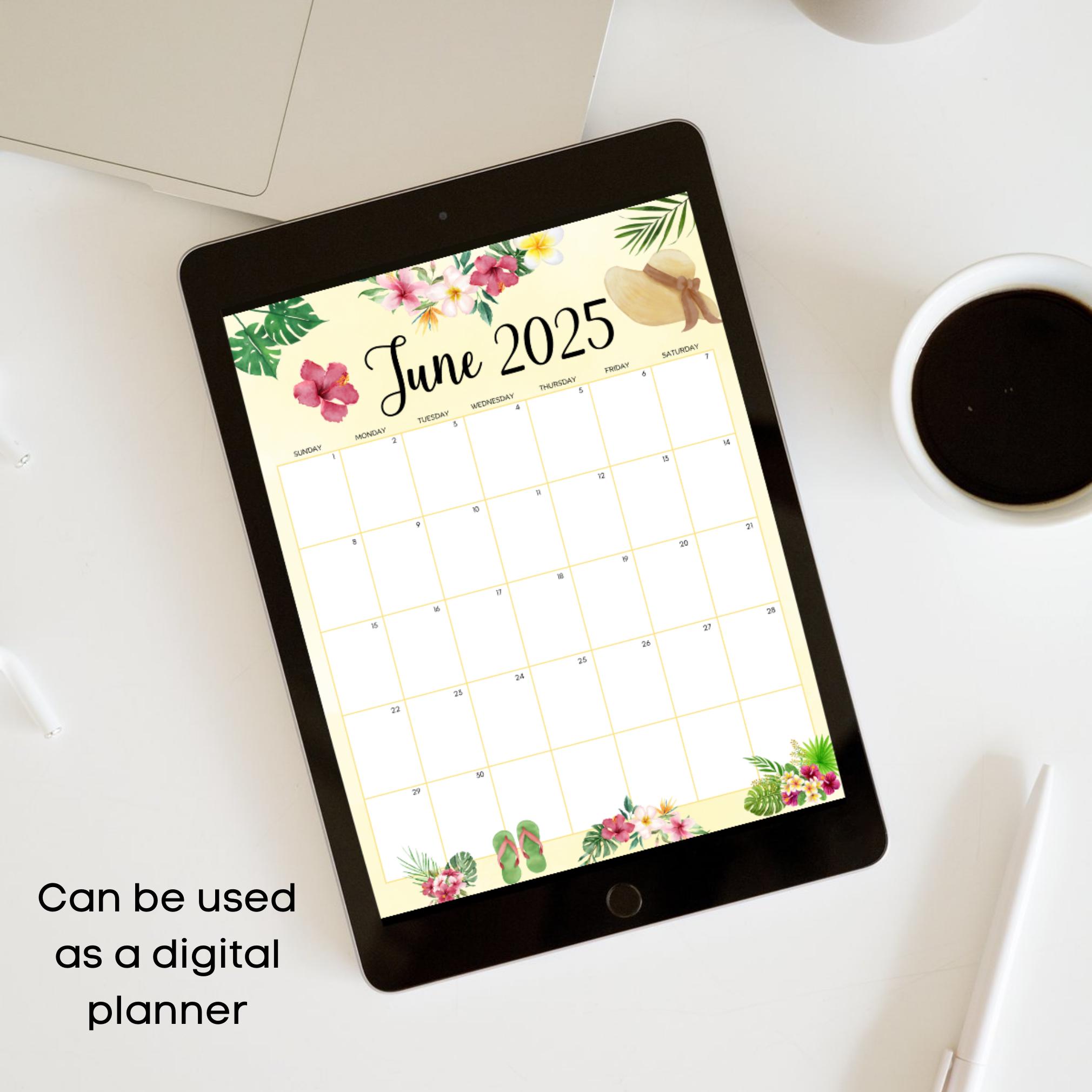 Printable June 2025 Calendar Tropical Theme, Sunday and Monday Start ...