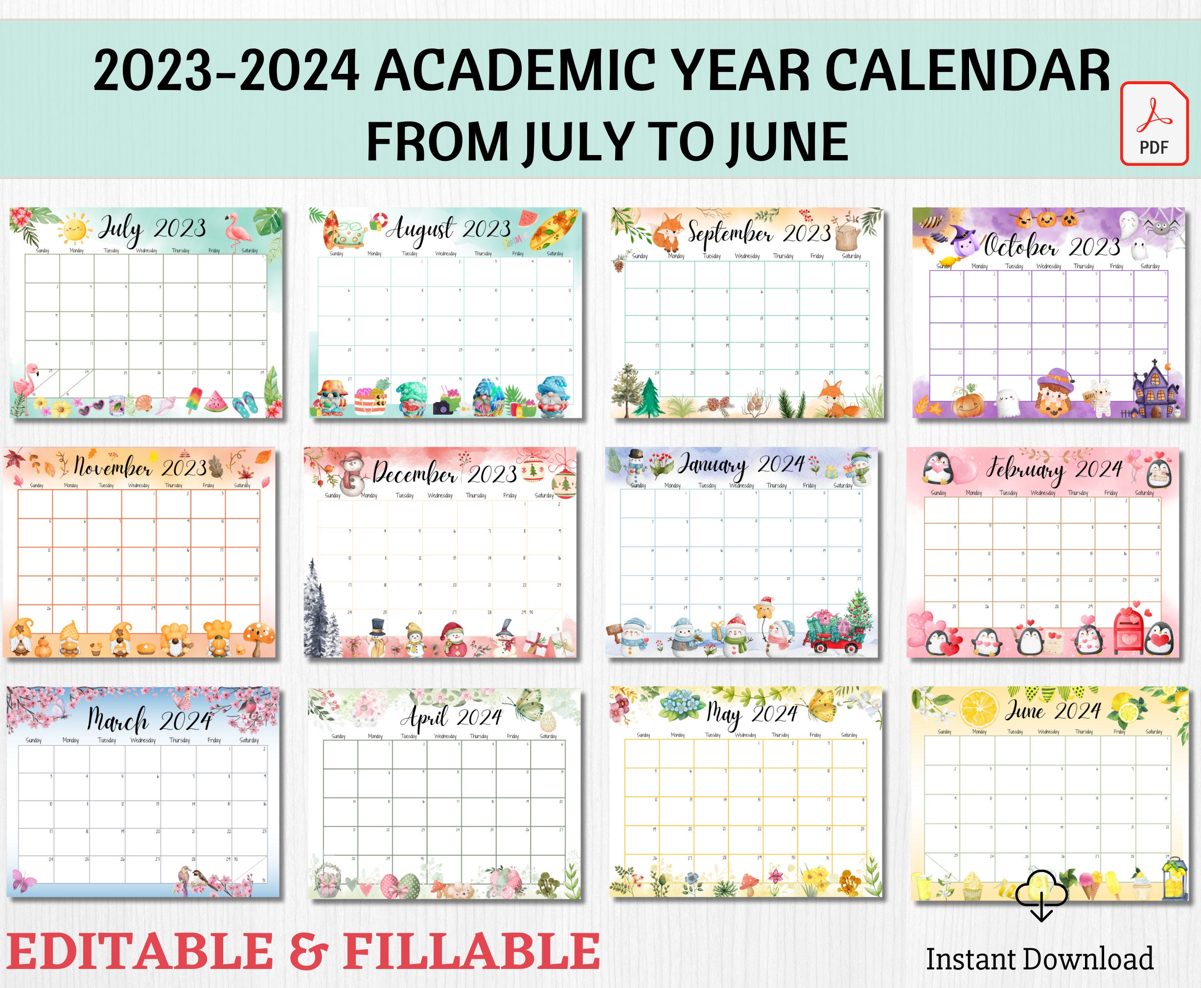 EDITABLE Academic Calendar, Printable Fillable Planner, Homeschool ...