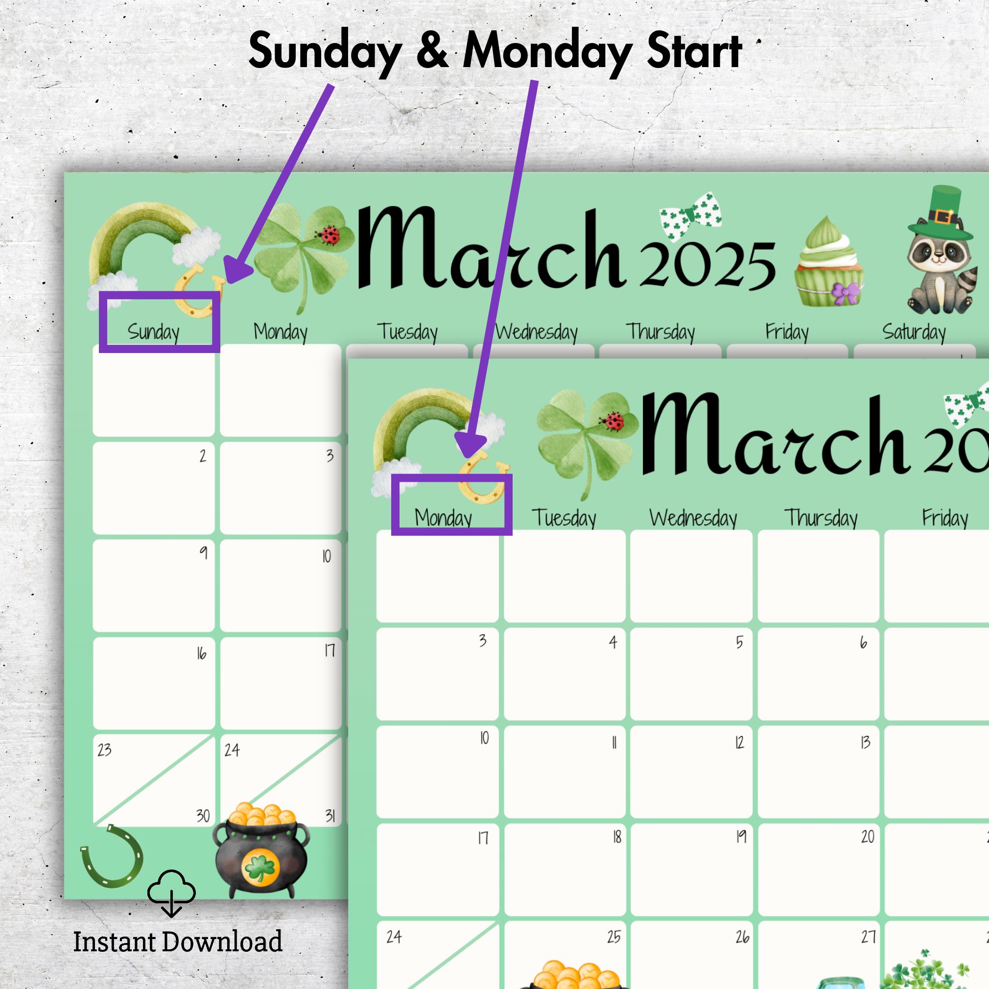 EDITABLE March 2025 Calendar, Happy St. Patrick's Day, Horseshoe, Green ...