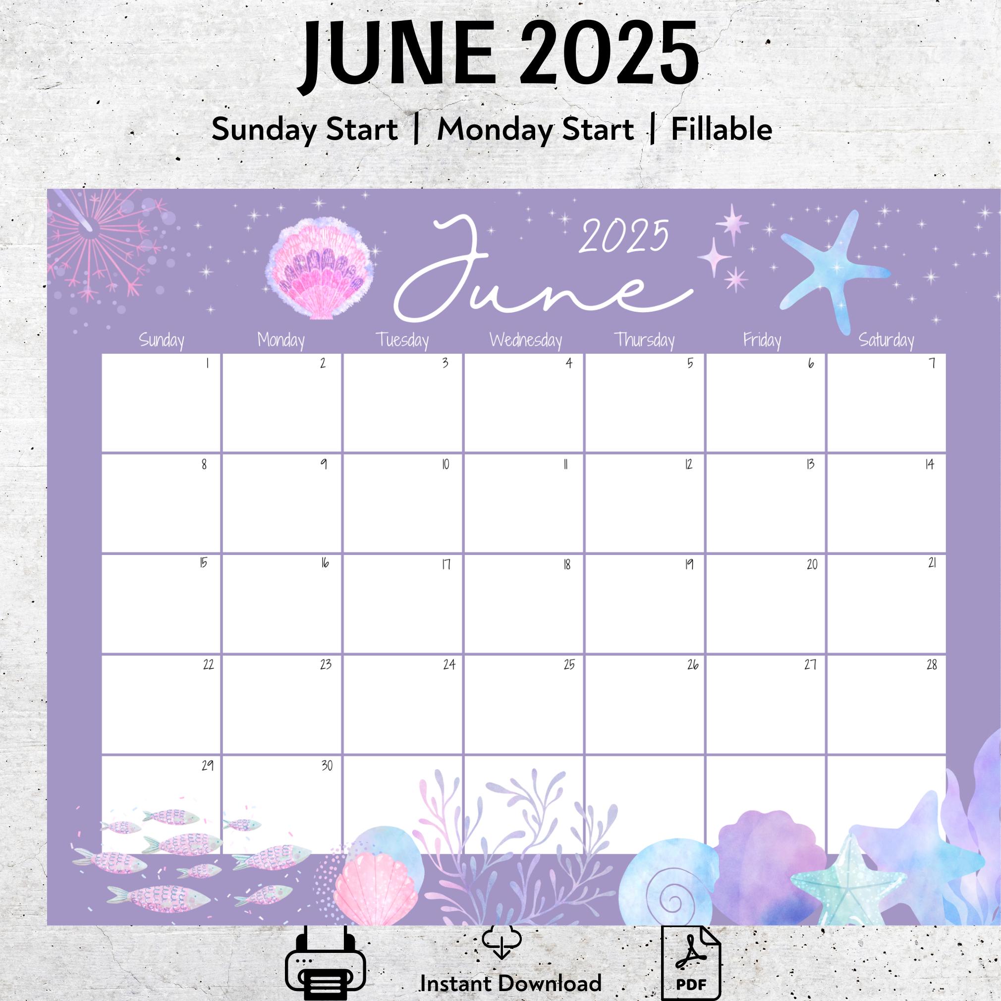 Underwater-themed June 2025 Calendar, Printable Monthly Planner, US ...