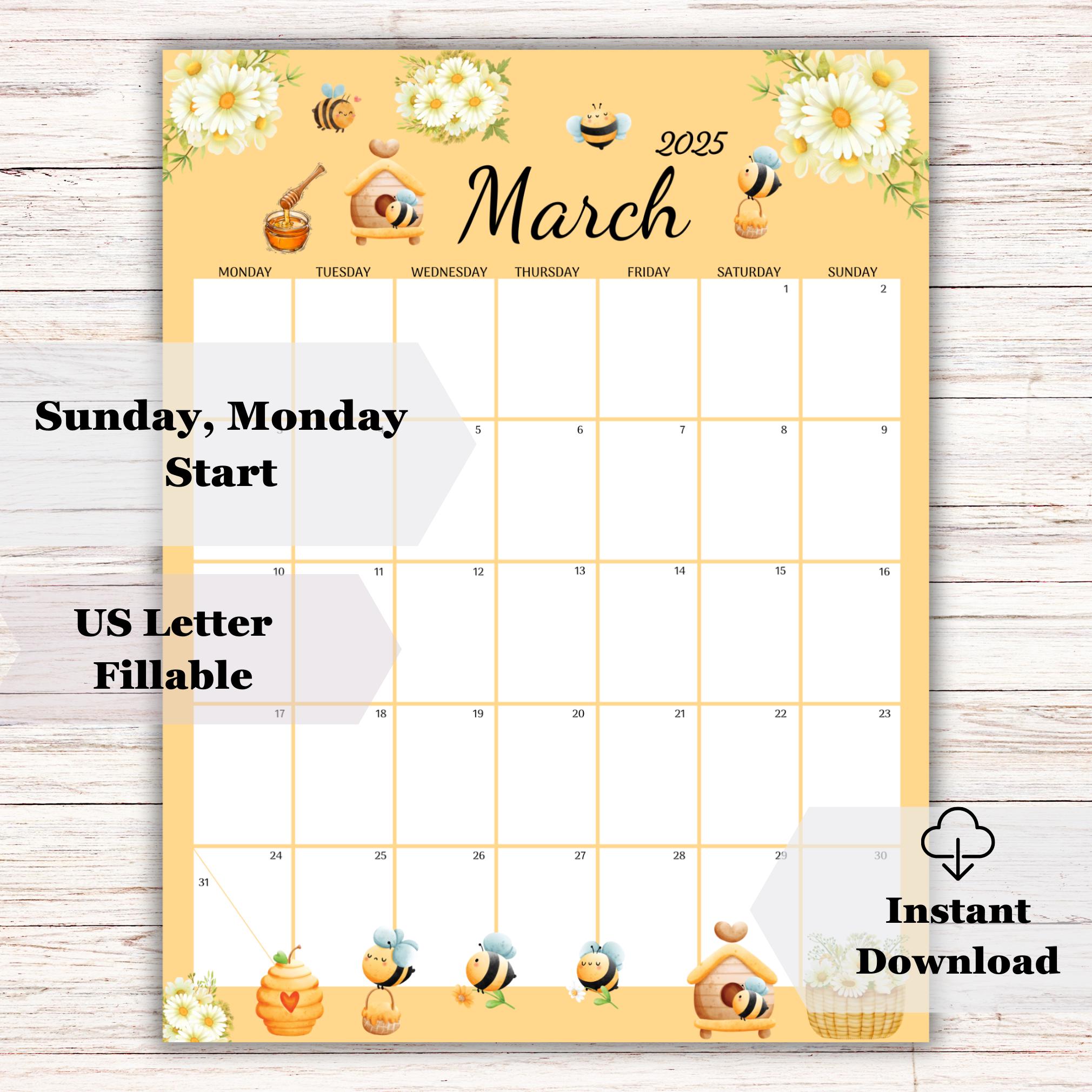 Editable 2025 March Calendar, Printable Monthly Kids School Schedule ...