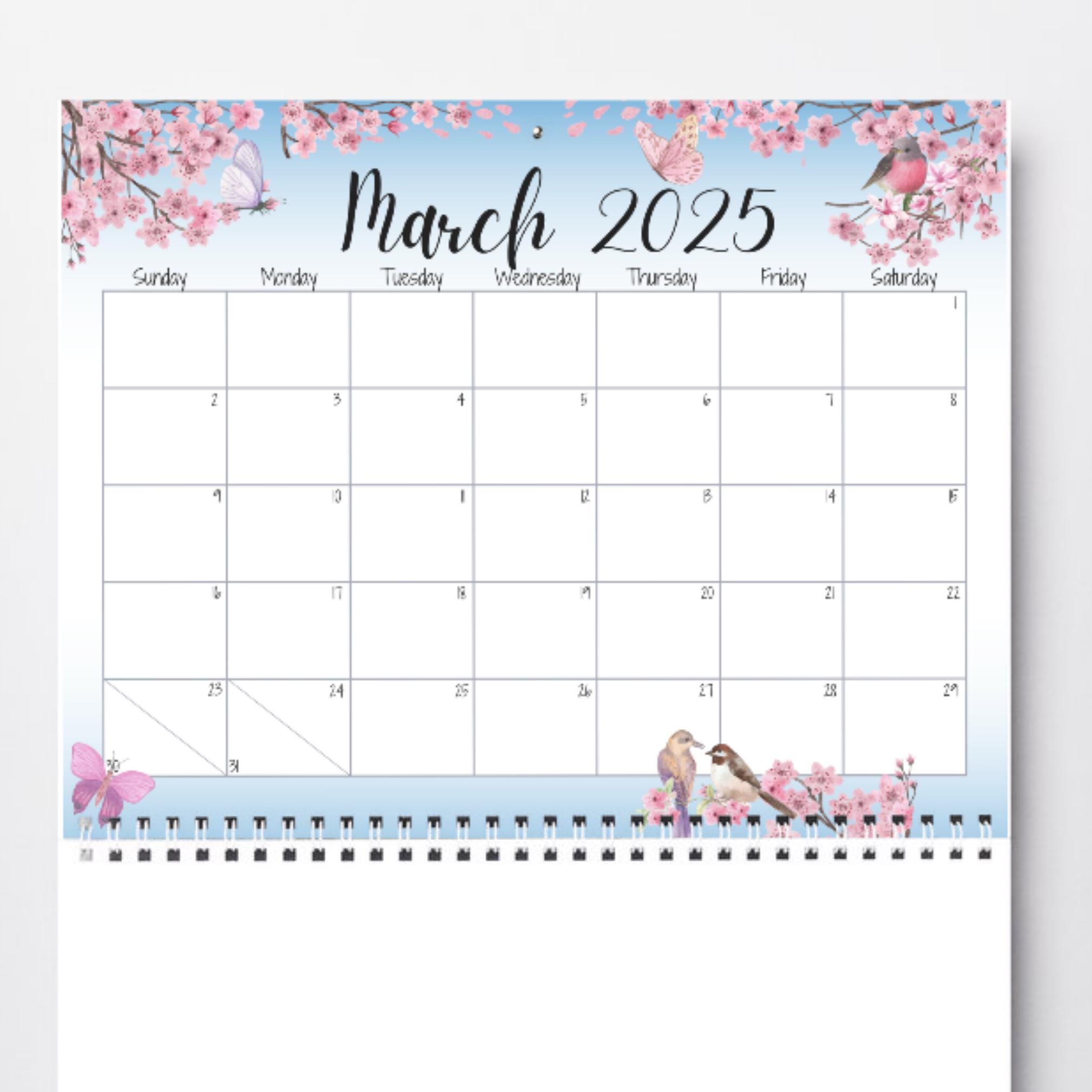 Editable 2025 March Calendar, Beautiful Spring, Cute Birds, Butterflies ...