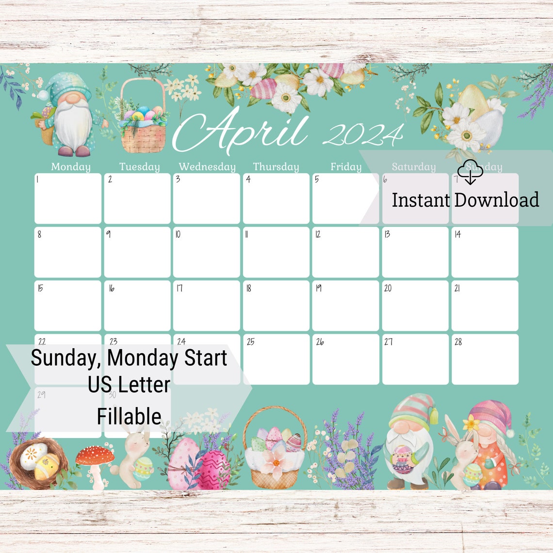 EDITABLE April 2024 Calendar, Happy Easter Day, Cute Gnomes, Printable ...