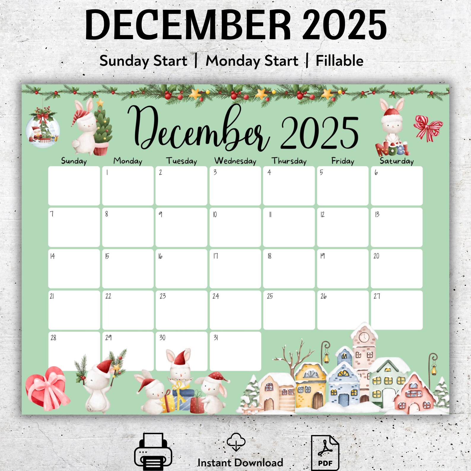 EDITABLE December 2025 Calendar, Beautiful Winter, Cute Rabbits ...