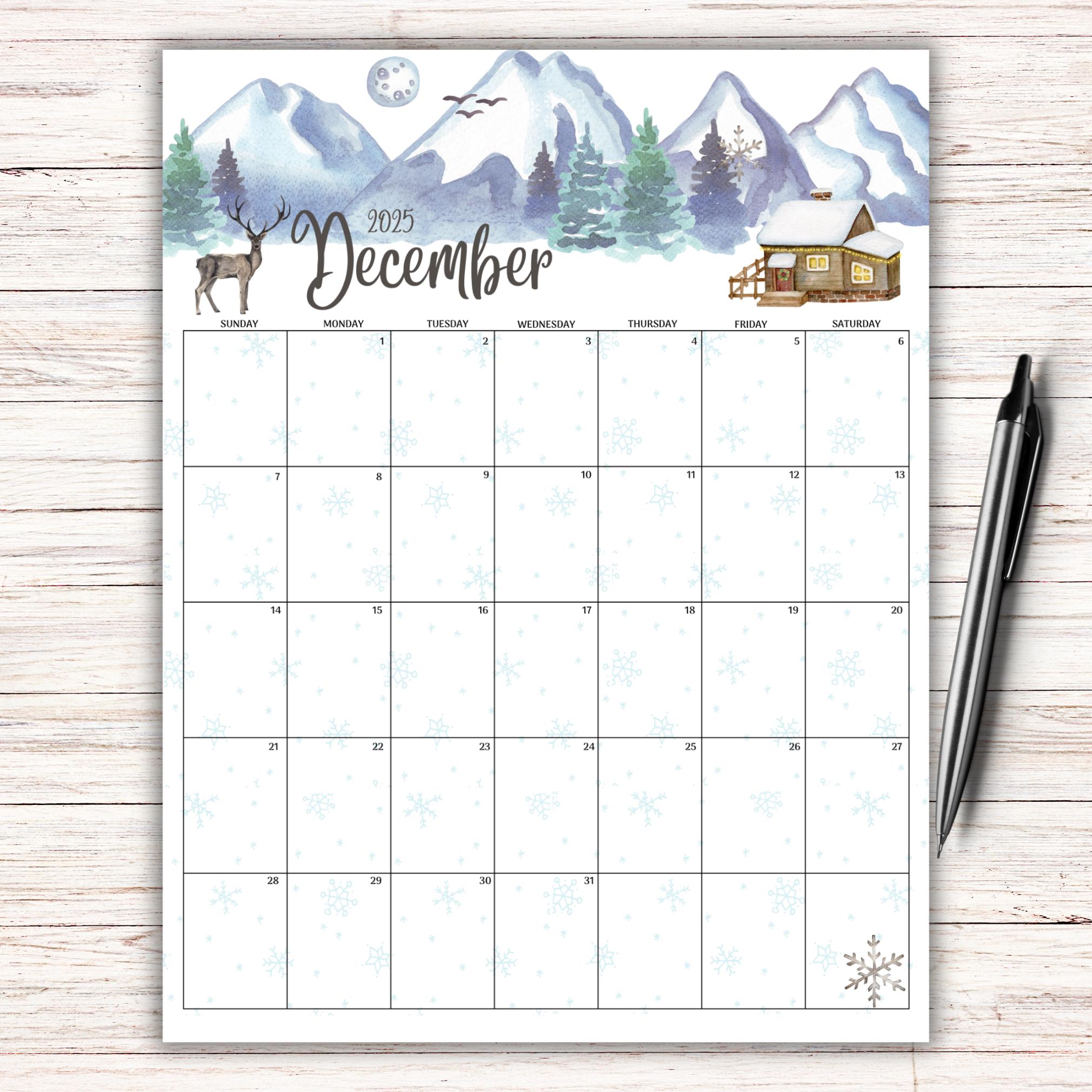 EDITABLE December 2025 Calendar, Beautiful Winter, Snowy Mountains ...