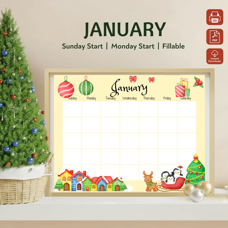 EDITABLE January Calendar, Fillable Calendar, Cute Penguins, Happy New ...