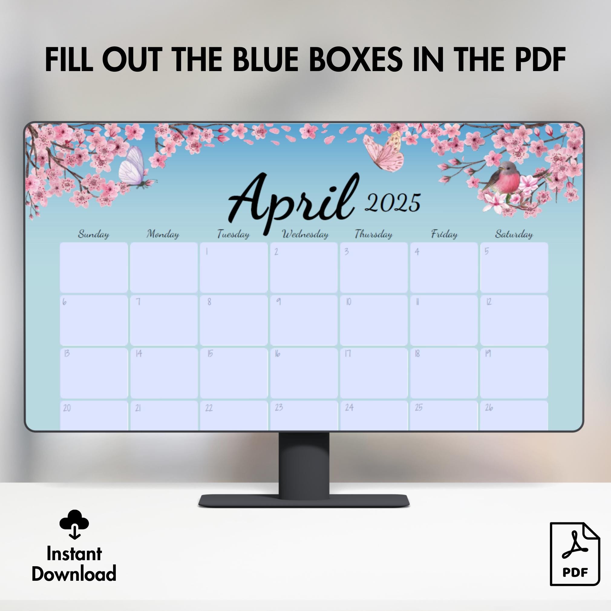 EDITABLE April 2025 Calendar, Beautiful Spring, Cherry Blossom, Cute ...