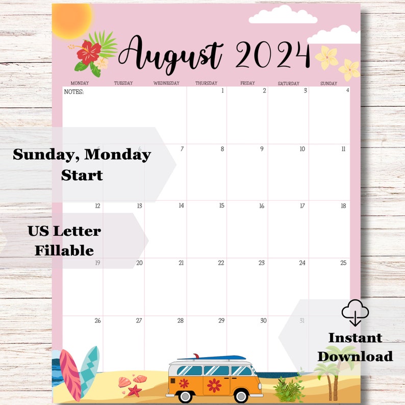 EDITABLE August 2024 Calendar, Printable Vacation Planner, Wonderful ...