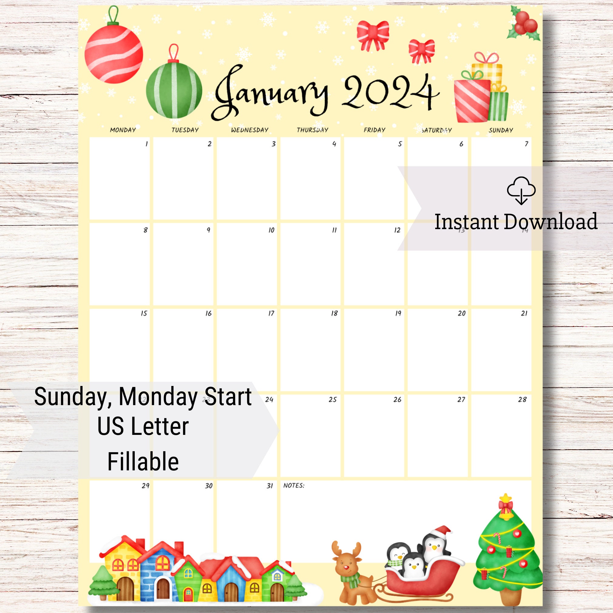 EDITABLE January 2024 Calendar, Vertical Calendar, Cute Penguins, Happy ...