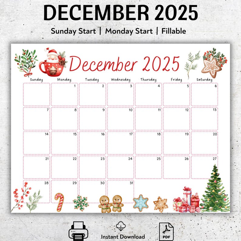 December 2025 Printable Calendar, Christmas Themed Monthly Planner ...