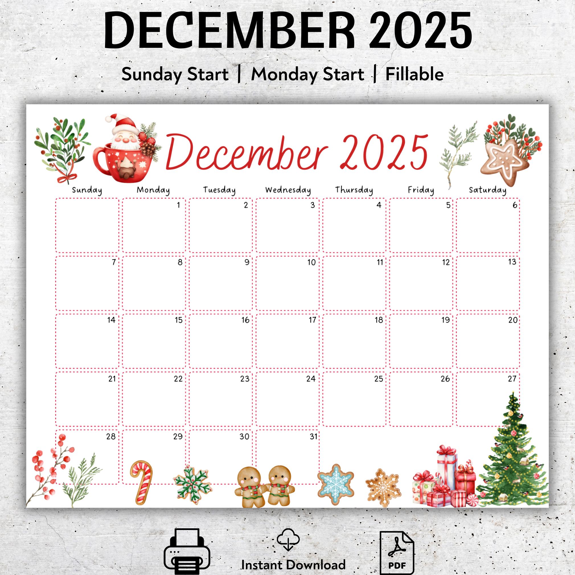 December 2025 Printable Calendar, Christmas Themed Monthly Planner ...