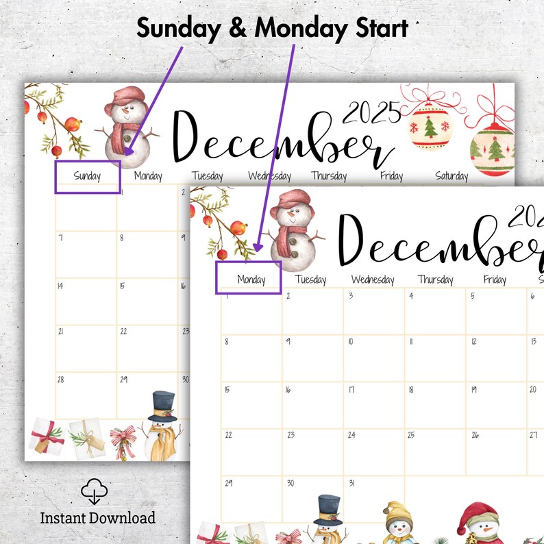EDITABLE December 2025 Calendar, Beautiful Winter, Cute Snowman ...