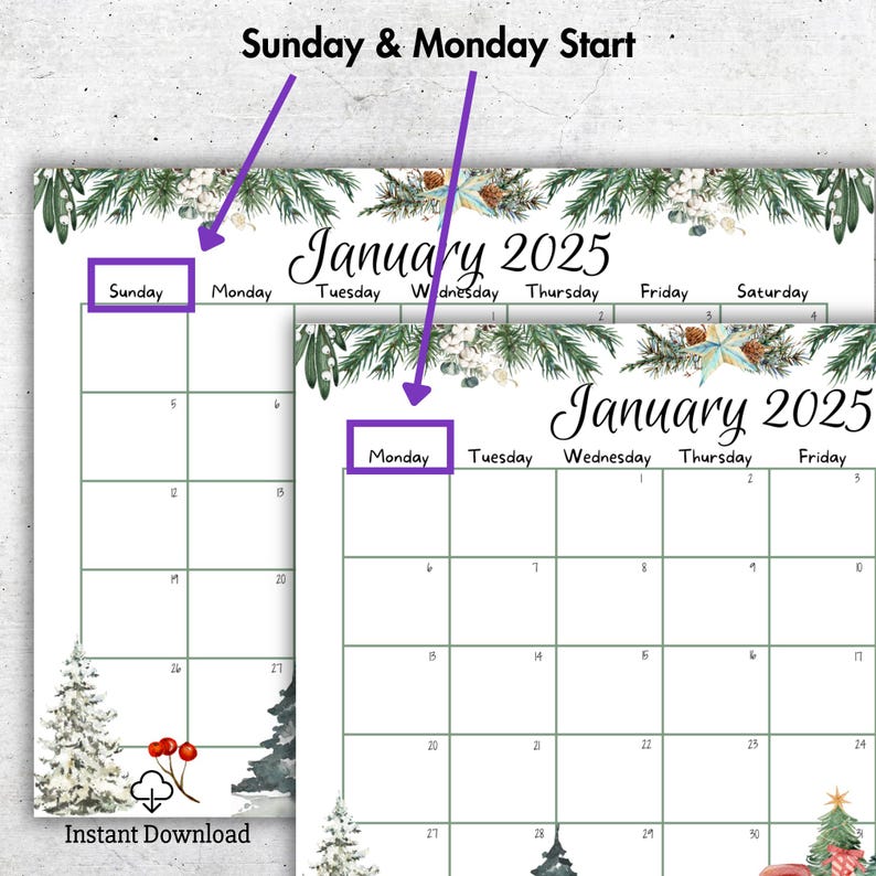 EDITABLE January 2025 Calendar, Snowy Pine Trees, Old Red Truck ...